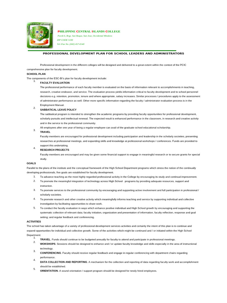 Area G.5 Professional Development Plan For School Leaders and ...