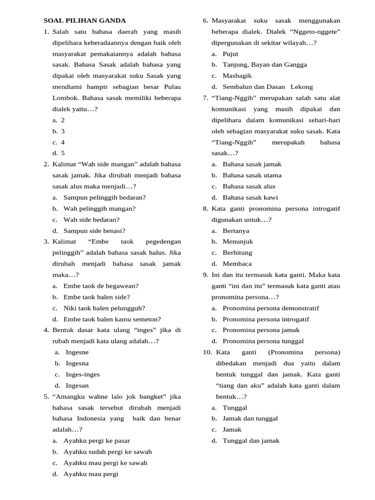 Baru SOAL SEMESTER GANJIL Bhs - SASAK KELAS VII 2024 OK | PDF