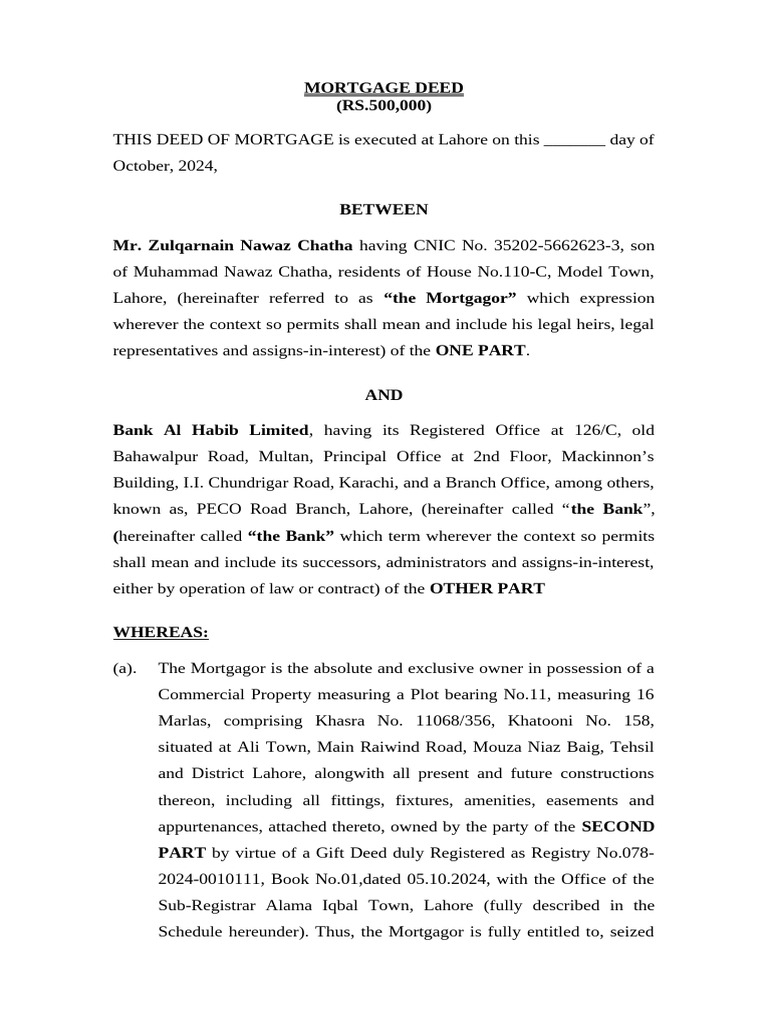 Mortgage Deed NIaz Baig16 Marla | PDF | Mortgage Law | Banks