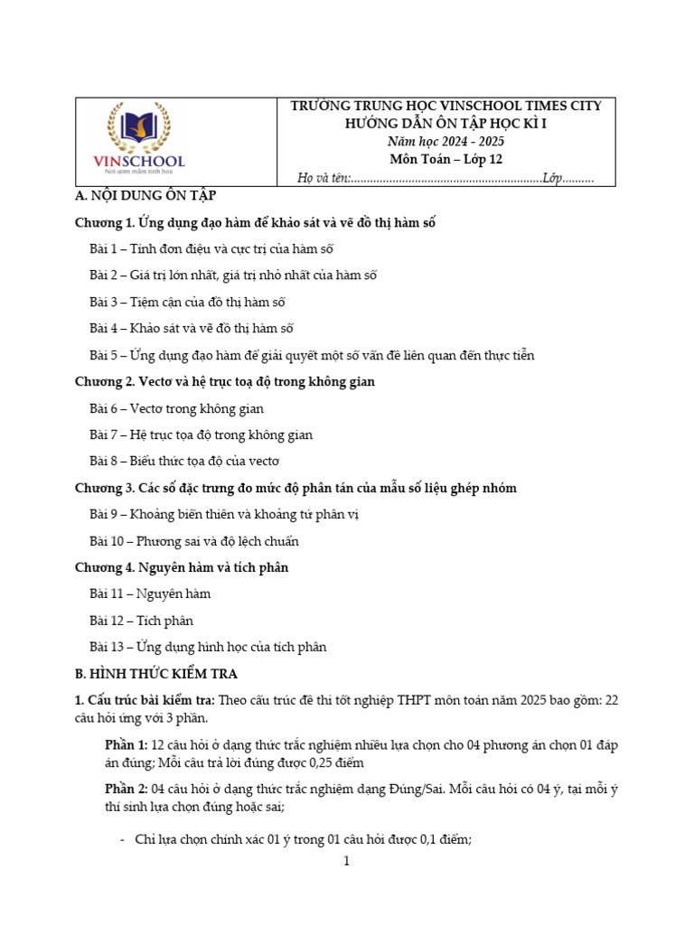 HDOT Toán 12 HKI - DAP AN | PDF