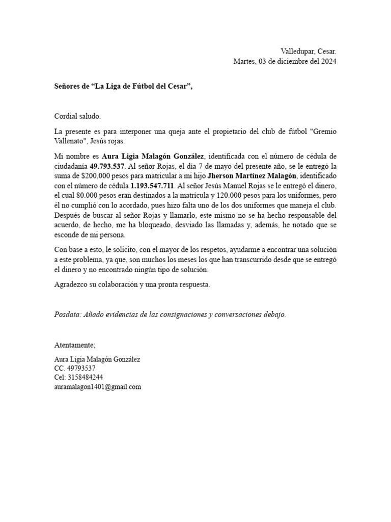 Carta A Liga de Futbol | PDF