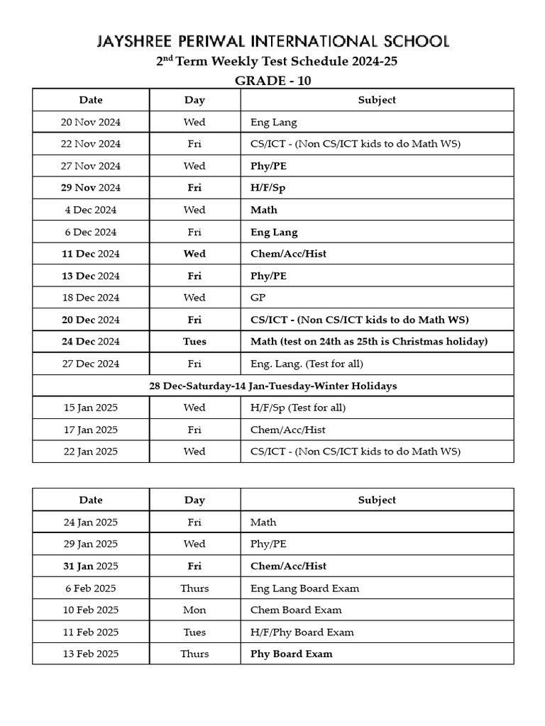 Gr. - 10th - 2nd Term Weekly Test Schedule 2024-25 (2) | PDF
