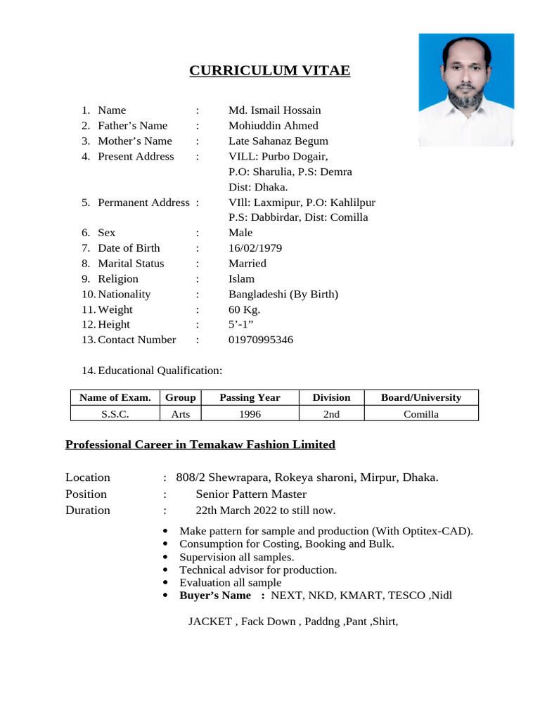 Senior Pattern Master CV | PDF