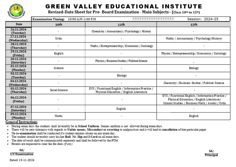 Revised-Date Sheet For Pre - Board Examination (Class 10th - 12th ...