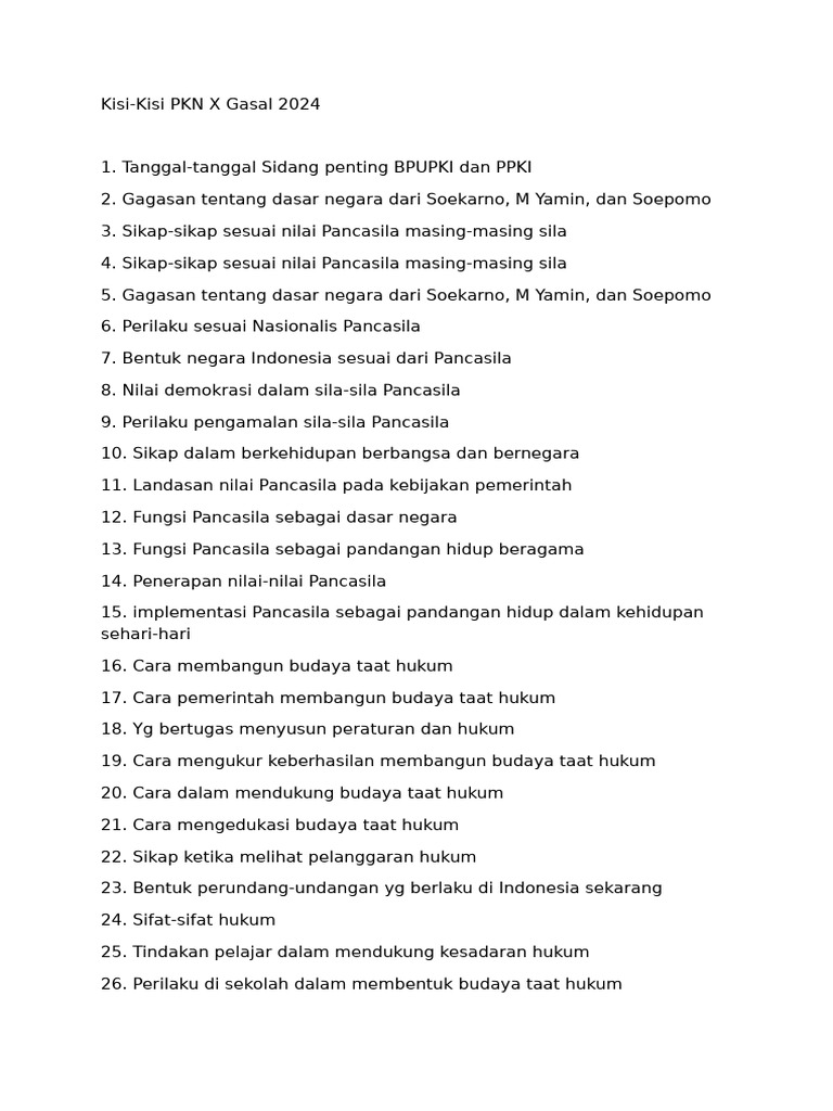 Kisi-Kisi PKN Kelas X | PDF
