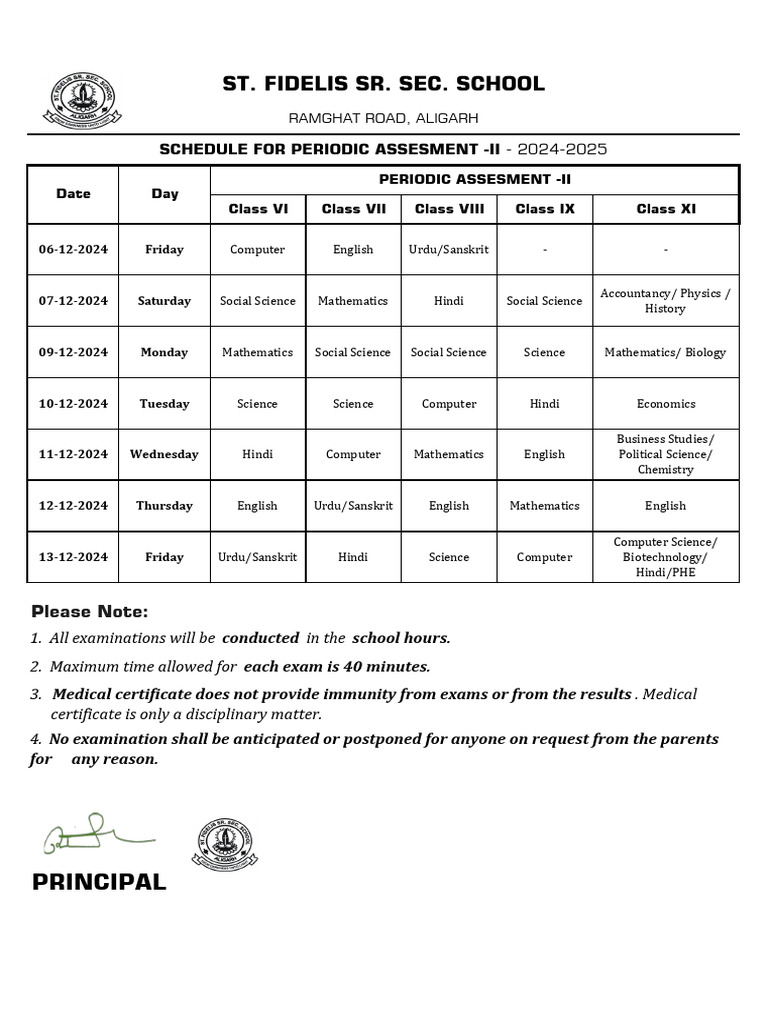Datesheet-Periodic Assessment II-VI To IX & XI | PDF
