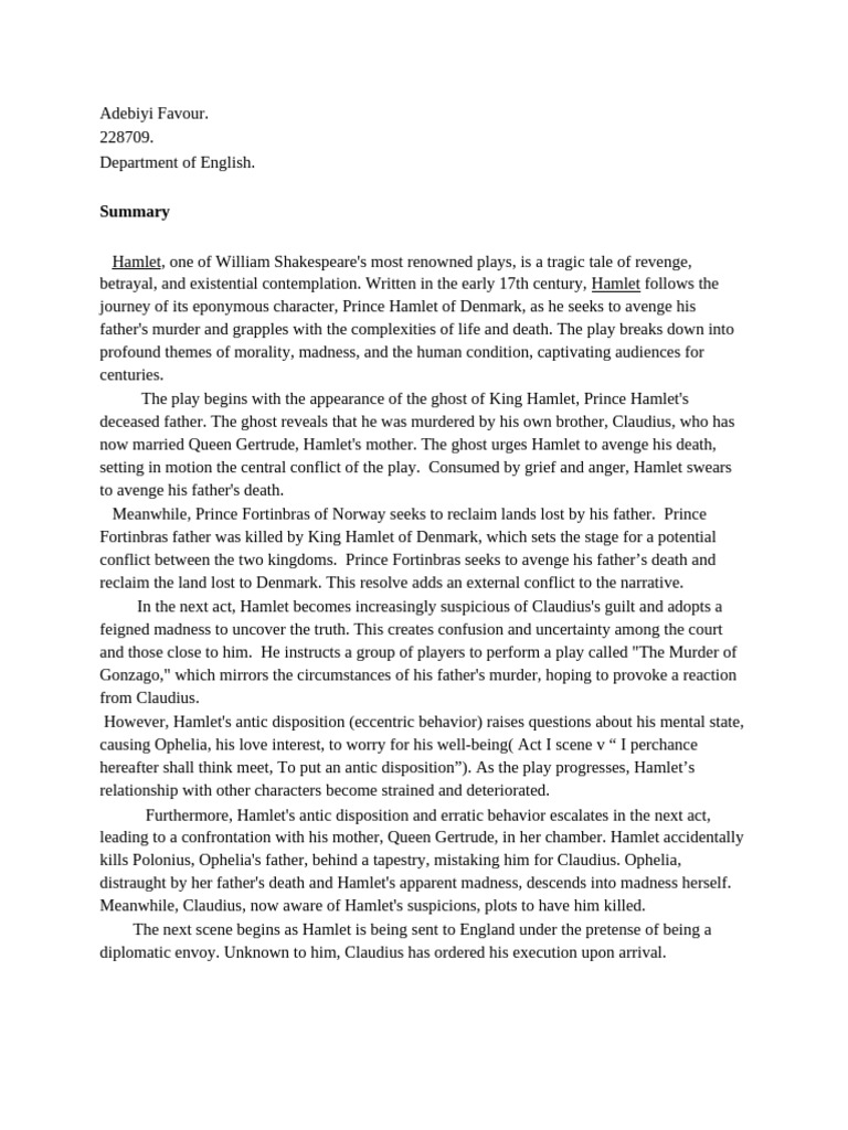 Hamlet Summary and Subject Matter | PDF | Hamlet