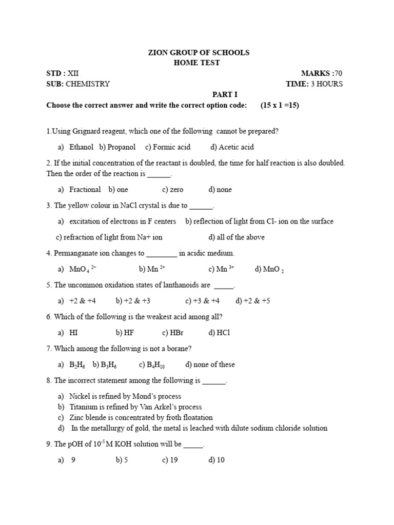 STD XII CHEM Revision Paper | PDF | Acid | Chemical Reactions