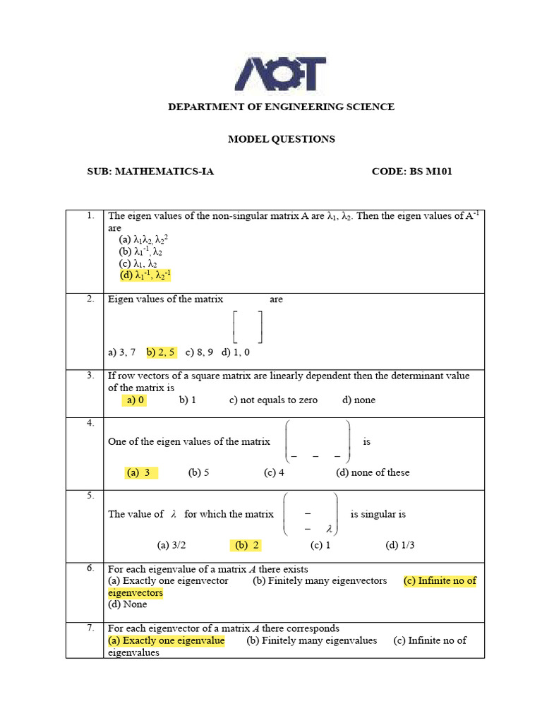 AOT CA2 Math Solutions | PDF | Eigenvalues And Eigenvectors | Linear Subspace
