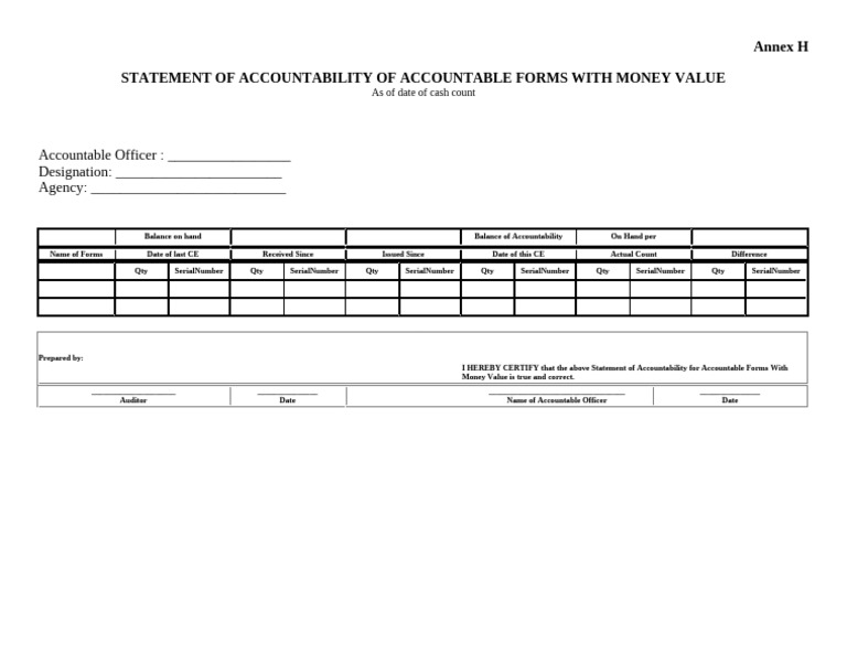 Annex H Statement of Accountability of Accountable Forms W Money Value ...