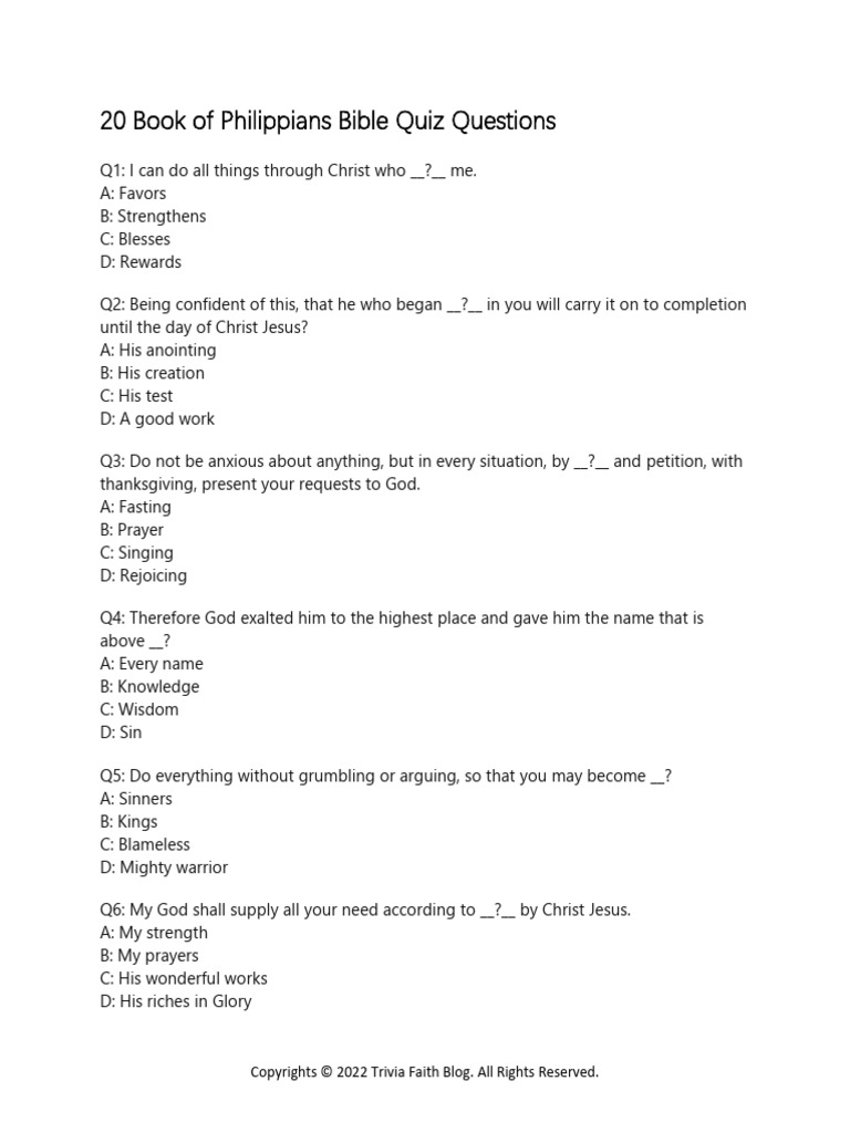 Book of Philippians Bible Quiz Questions | PDF | Jesus | Epistle To The ...