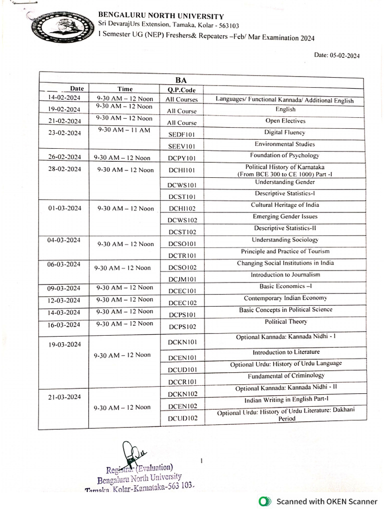 1st Semester NEP UG Examination Time Table | PDF