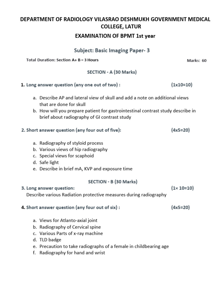 BPMT 1st Year Paper 3 All SETS | PDF | Radiography | Radiology