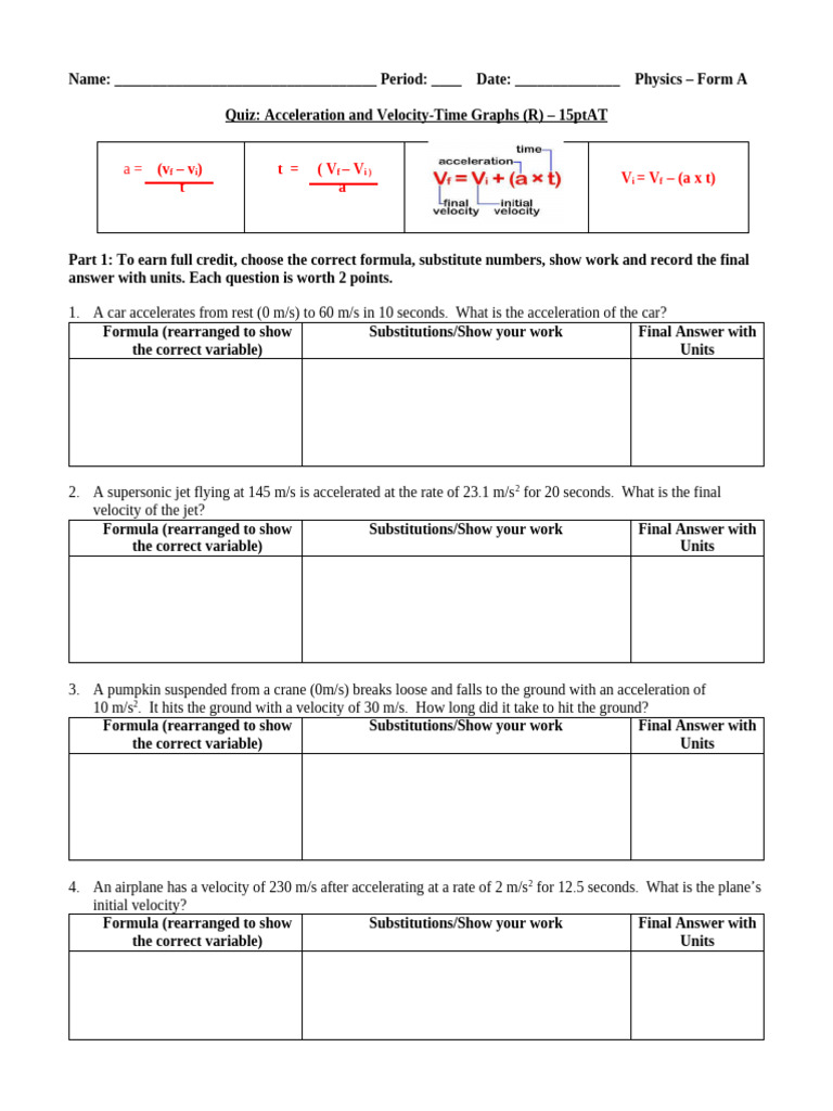Quiz Acceleration and Velocity-Time 2023 Form A OL | PDF | Acceleration ...
