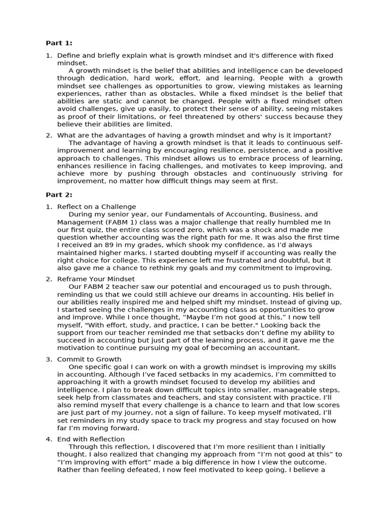 A Growth Mindset Reflection | PDF | Mindset | Psychology
