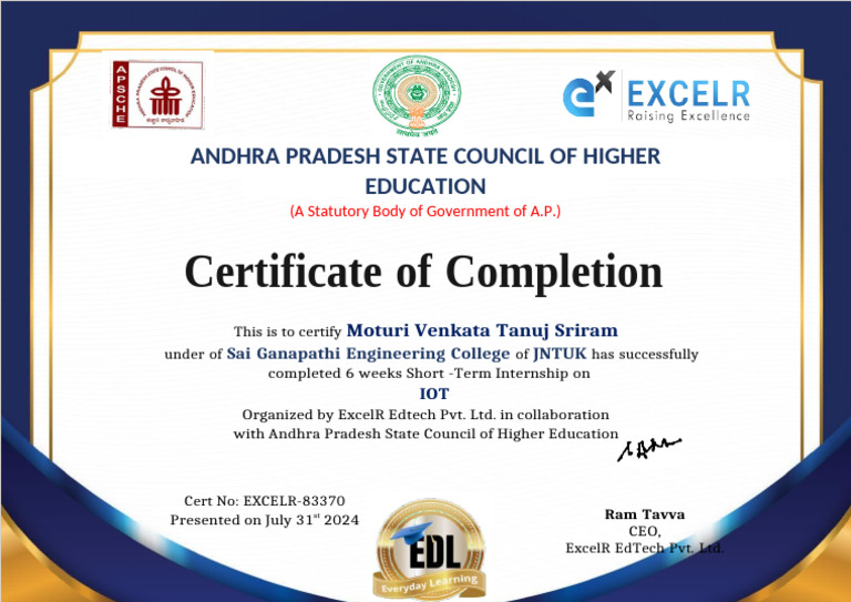 IOT Internship Certificate - Andhra Pradesh | PDF