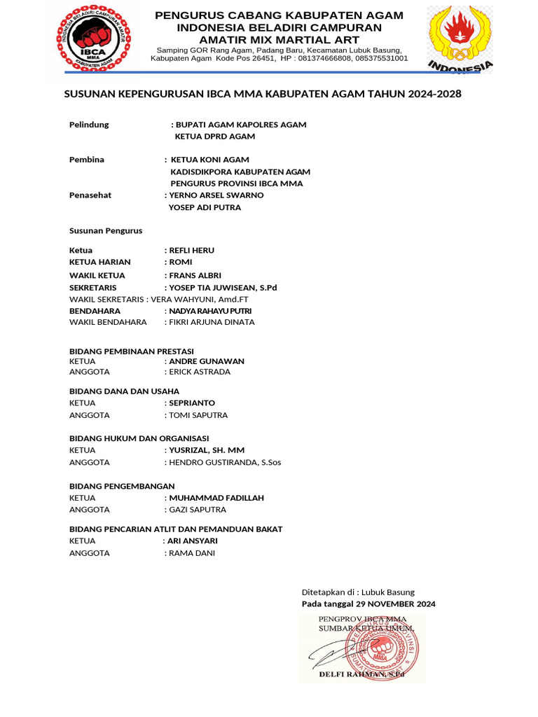 Susunan Kepengurusan Ibca Mma Kabupaten Agam Tahun 2024 | PDF