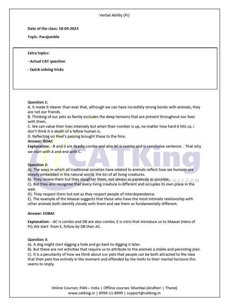C2 - Verbal (Parajumble) - 18-09-2023 | PDF | Psychology