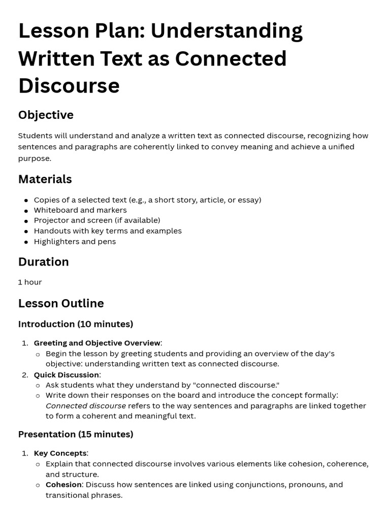 Lesson Plan Understanding Written Text As Connected Discourse | PDF | Cognitive Science | Cognition