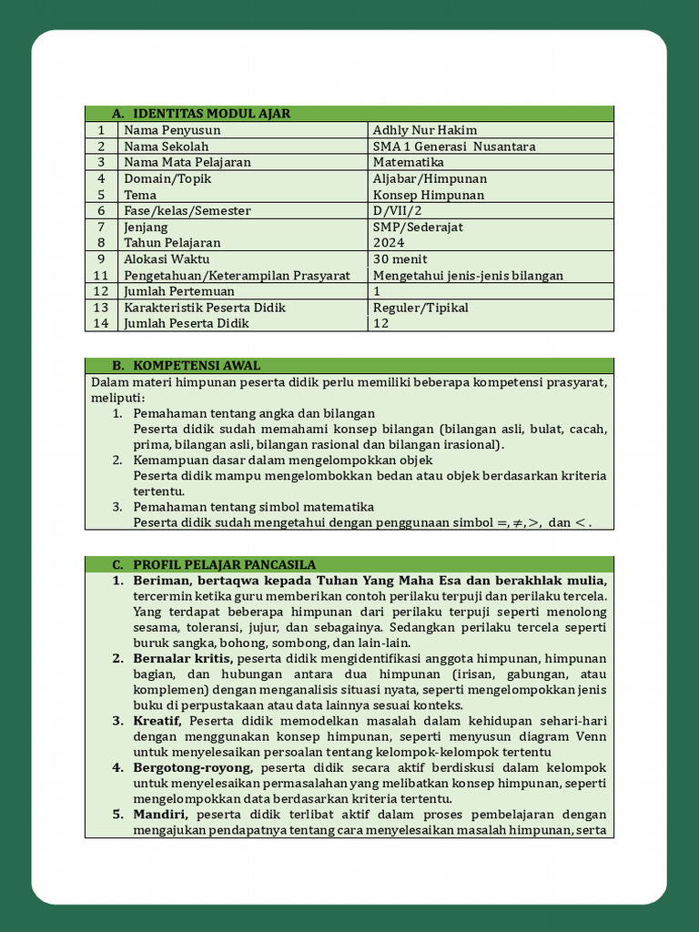 Modul Ajar - Konsep Himpunan - Adhly Nur Hakim | PDF