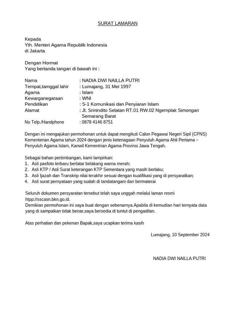Surat Lamaran CPNS Kementerian Agama 2024 | PDF