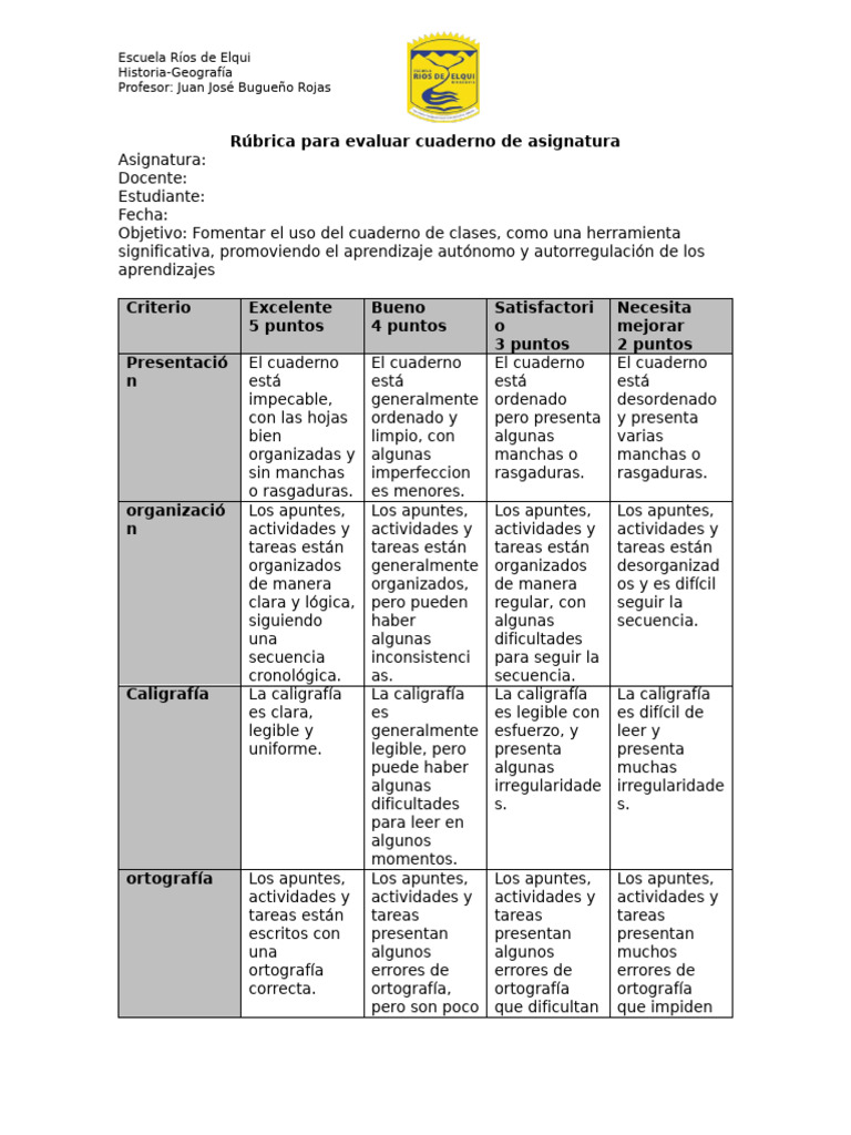 Rúbrica Para Evaluar Cuaderno de Asignatura | PDF | Rúbrica (Académica ...