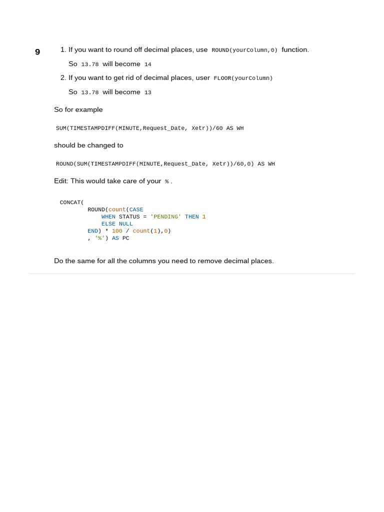 SQL - How to Remove Decimal Digit From Result in Mysql_ - Stack Overflow | PDF