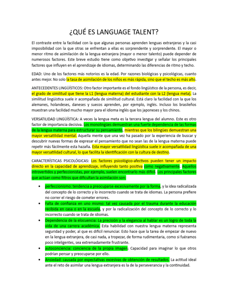 Qué Es Language Talent | PDF | Aprendizaje | Pensamiento