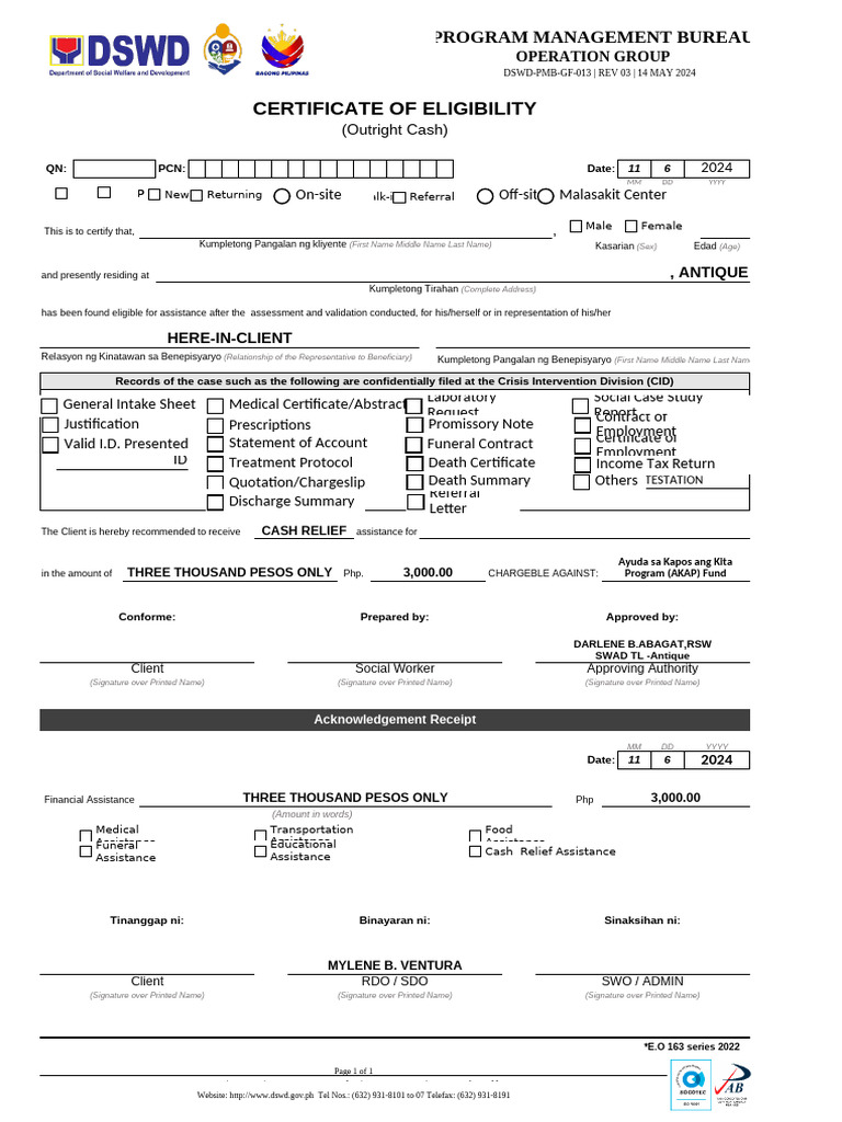 DSWD PMB GF 013 REV 03 AICS Certificate of Eligibility For Outright Cash 1 | PDF