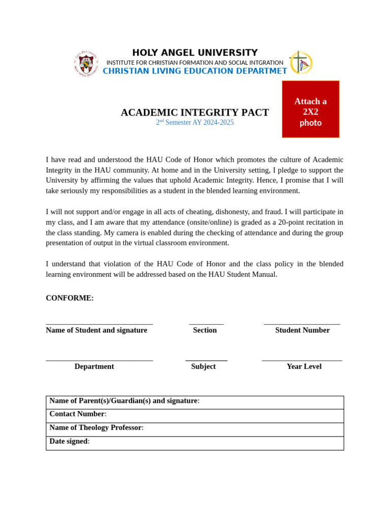 Academic Integrity Pledge - 2nd Sem SY 2024-2025 | PDF