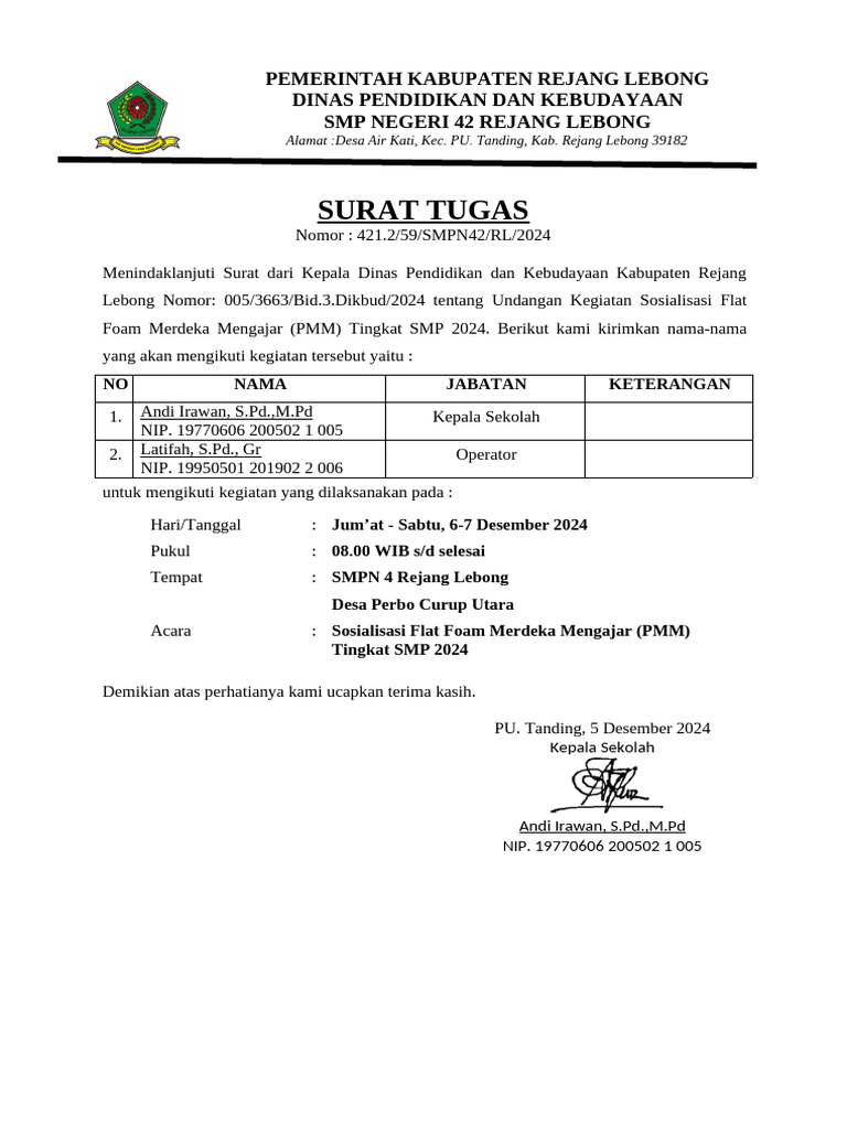 Surat Tugas Sosialisasi PMM SMP 2024 | PDF
