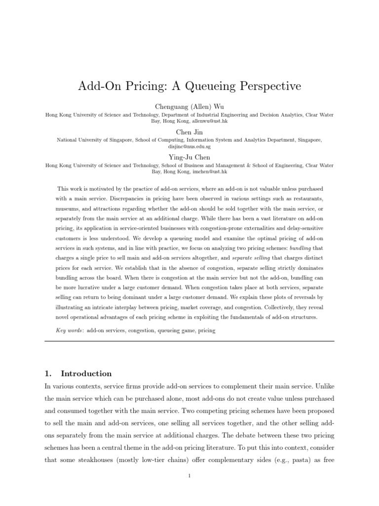Add-On Pricing A Queueing Perspective | PDF | Pricing | Price Discrimination