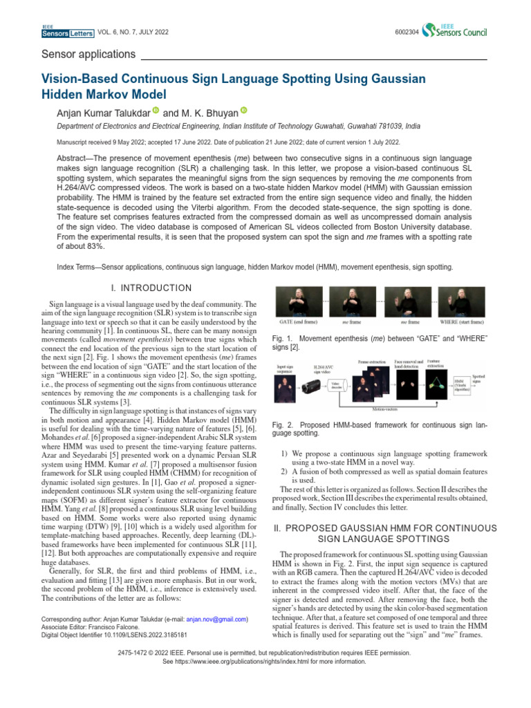 Vision-Based Continuous Sign Language Spotting Using Gaussian Hidden Markov Model | PDF | Image ...
