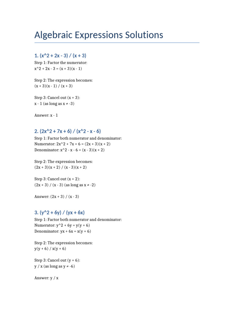 Updated Algebraic Expressions Solutions | PDF