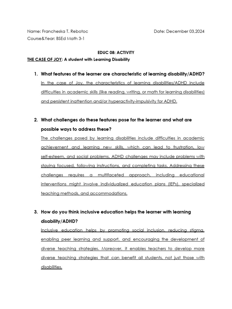 Activity Educ 8 | PDF | Inclusion (Education) | Learning Disability