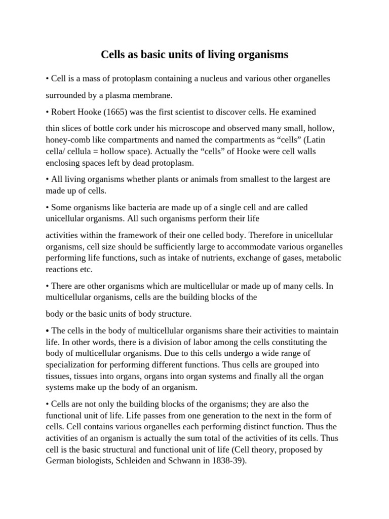 Cells As Basic Units of Living Organisms | PDF | Cell (Biology) | Organelle