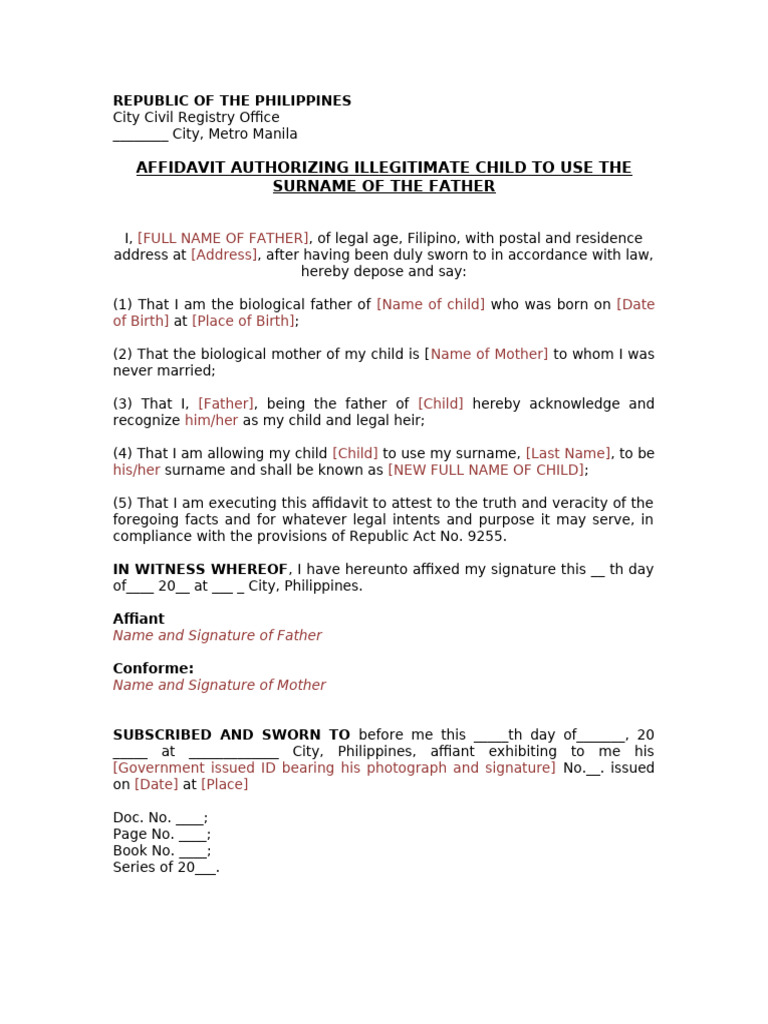 Affidavit Authorizing Illegitimate Child To Use The Surname of The ...