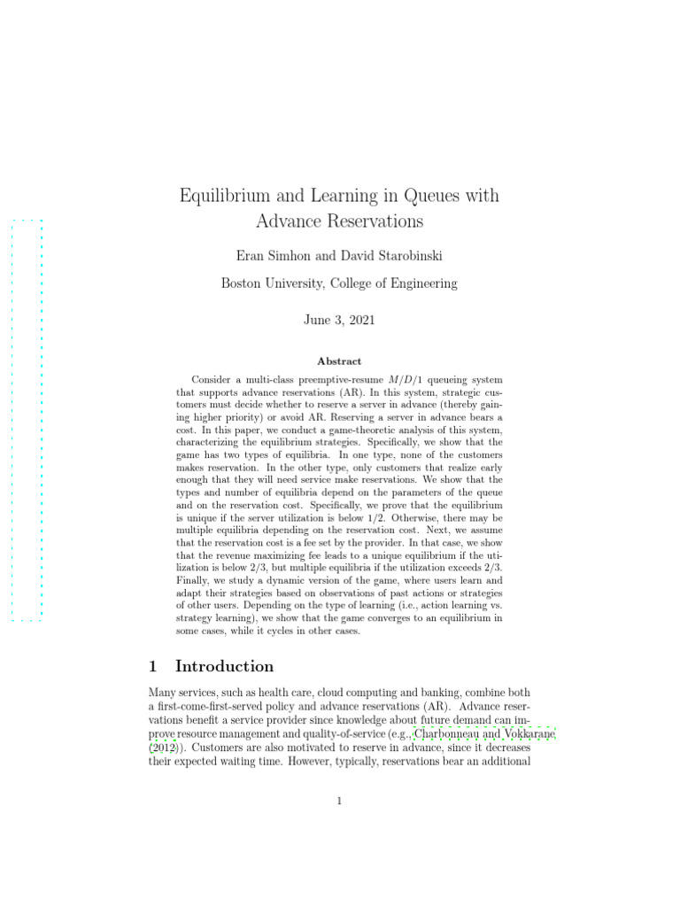 Equilibrium and Learning in Queues with Advance Reservations | PDF ...