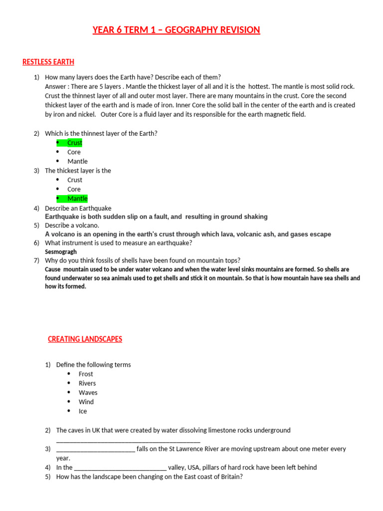 Year 6 Geography Revision 2022 | PDF | Volcano | Earth