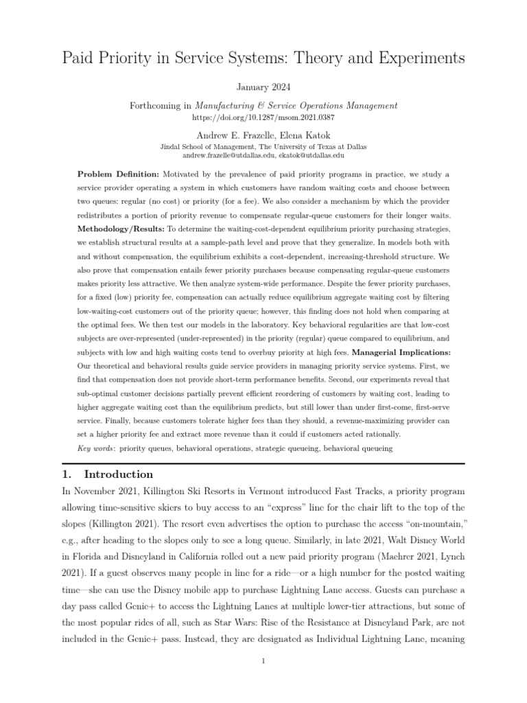 Paid Priority in Service Systems Theory and Experiments | PDF