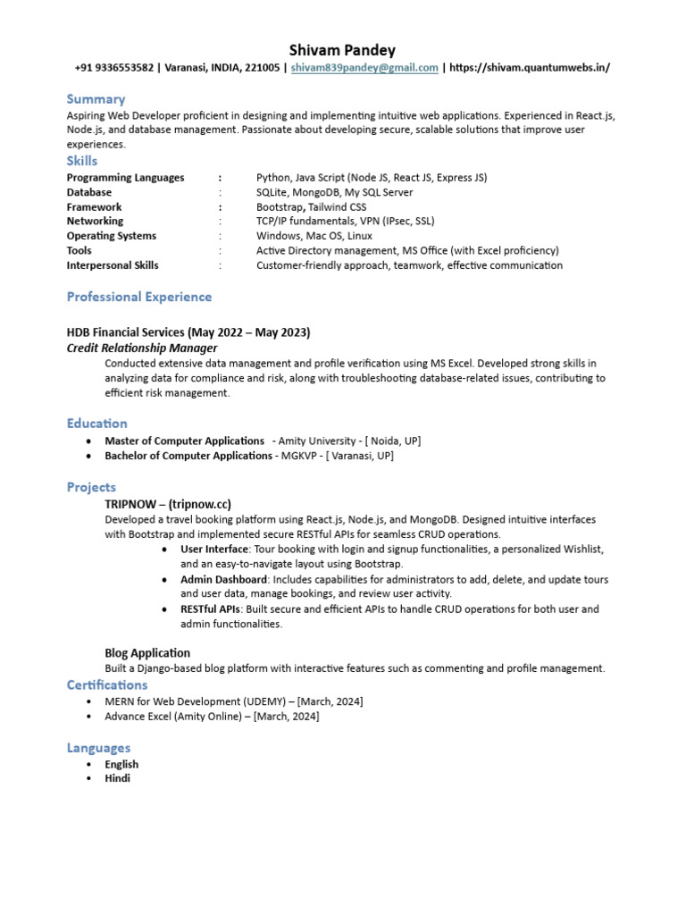 Shivam_Pandey_Web_Developer_Resume | PDF | Computing | Software