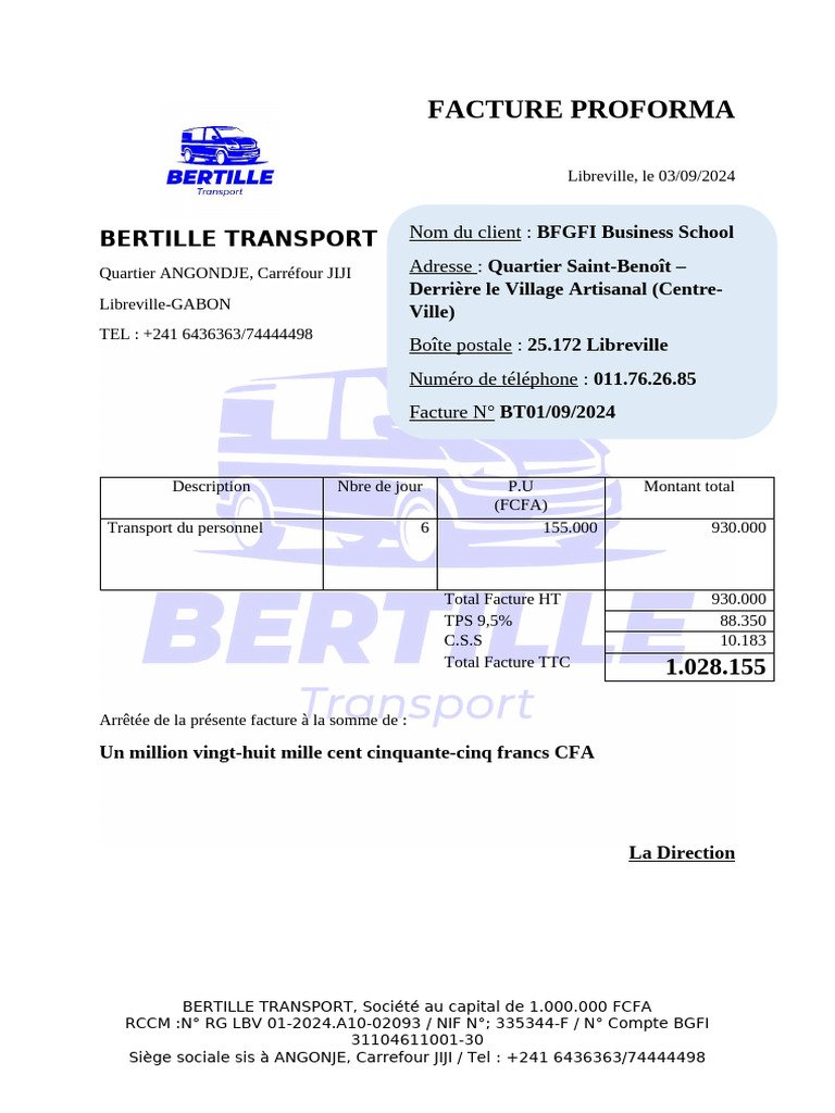 Facture Proforma BERTILLE TRANSPORT | PDF