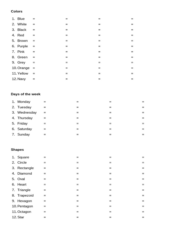 Spelling Exercise Colors Shapes Days | PDF