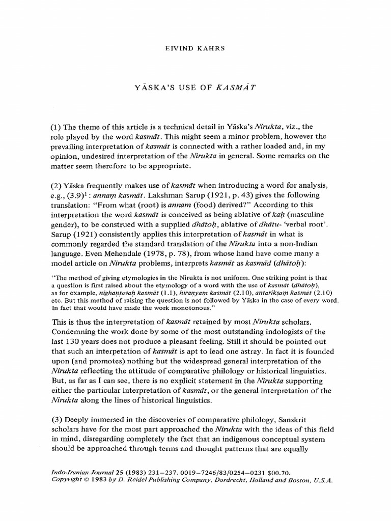 Kahrs 1983 - Yaska's Use of Kasmat | PDF | Linguistics | Semantics