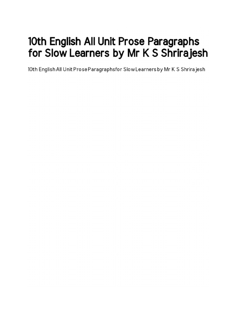 10th English All Unit Prose Paragraphs For Slow Learners by MR K S ...