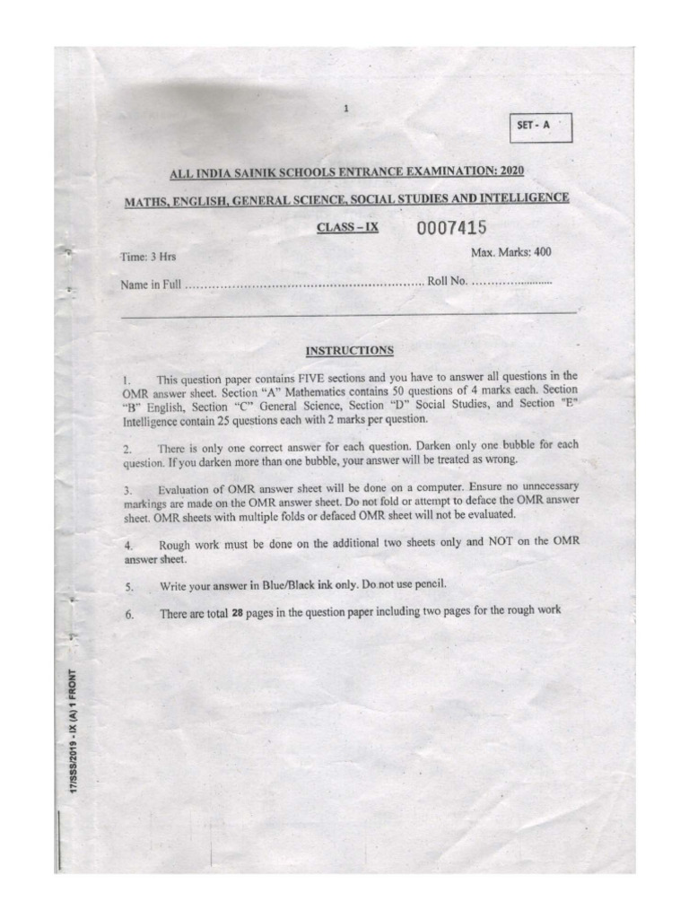 1590088650sainik Class 9 Previous Year Question Paper Set A | PDF