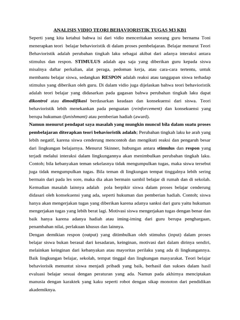 TUGAS M3 KB1 ANALISIS VIDIO TEORI BEHAVIORISTIK | PDF