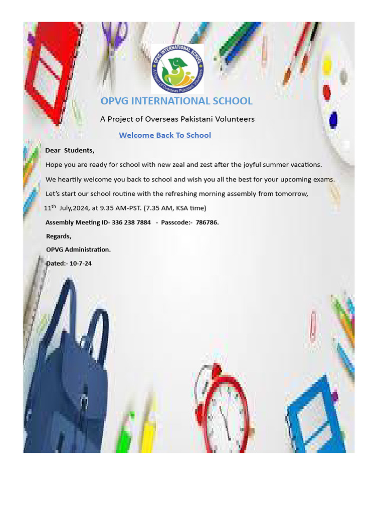 Welcome Back to OPVG School 2024 | PDF