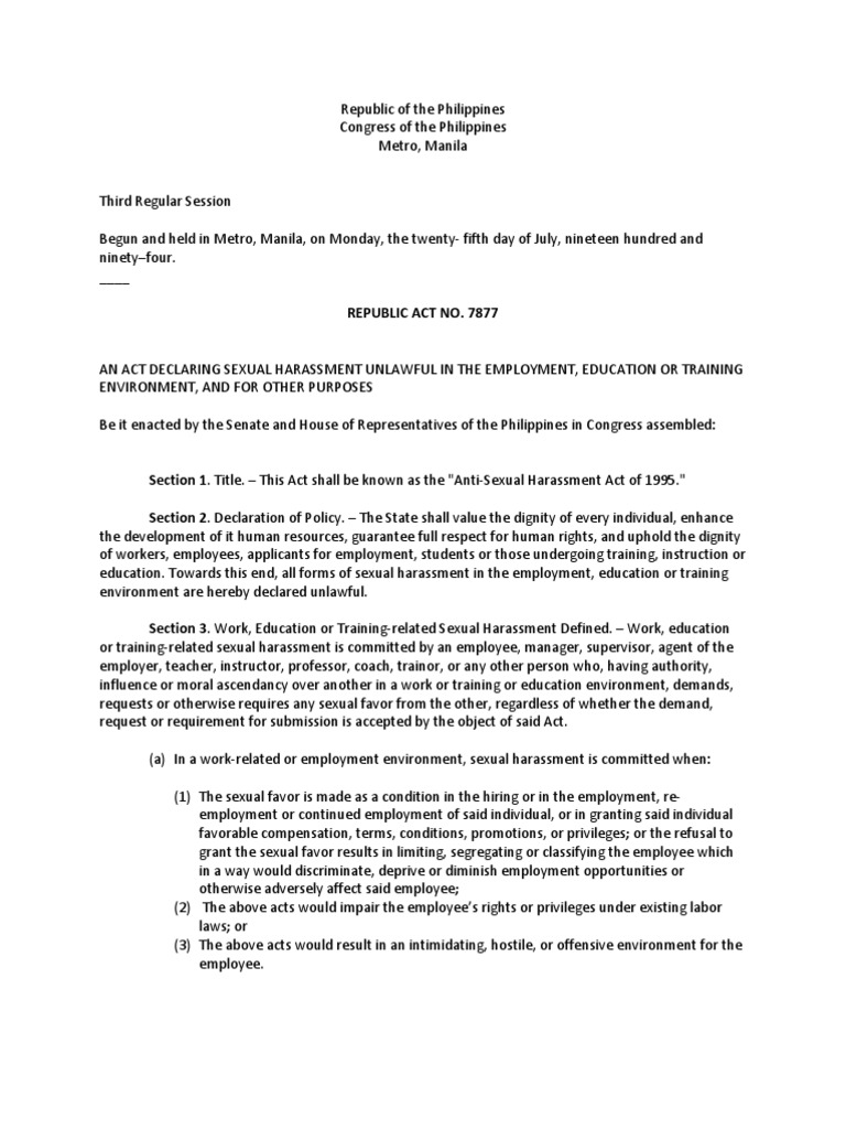 Republic Act 7877 - Anti-Sexual Harassment Act of 1995 | Sexual ...