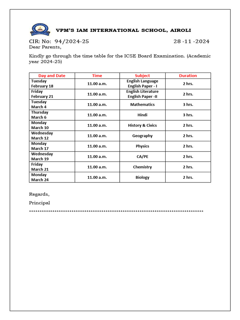 Cir 94 Time Table For ICSE Board Examination | PDF